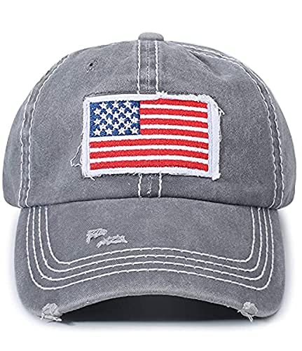 IZUS American Flag,Distressed Baseball Hat – 100% Distressed Cotton Dad Hat Embroiderred for Adult (Ponytail Hat Black/No Hair)