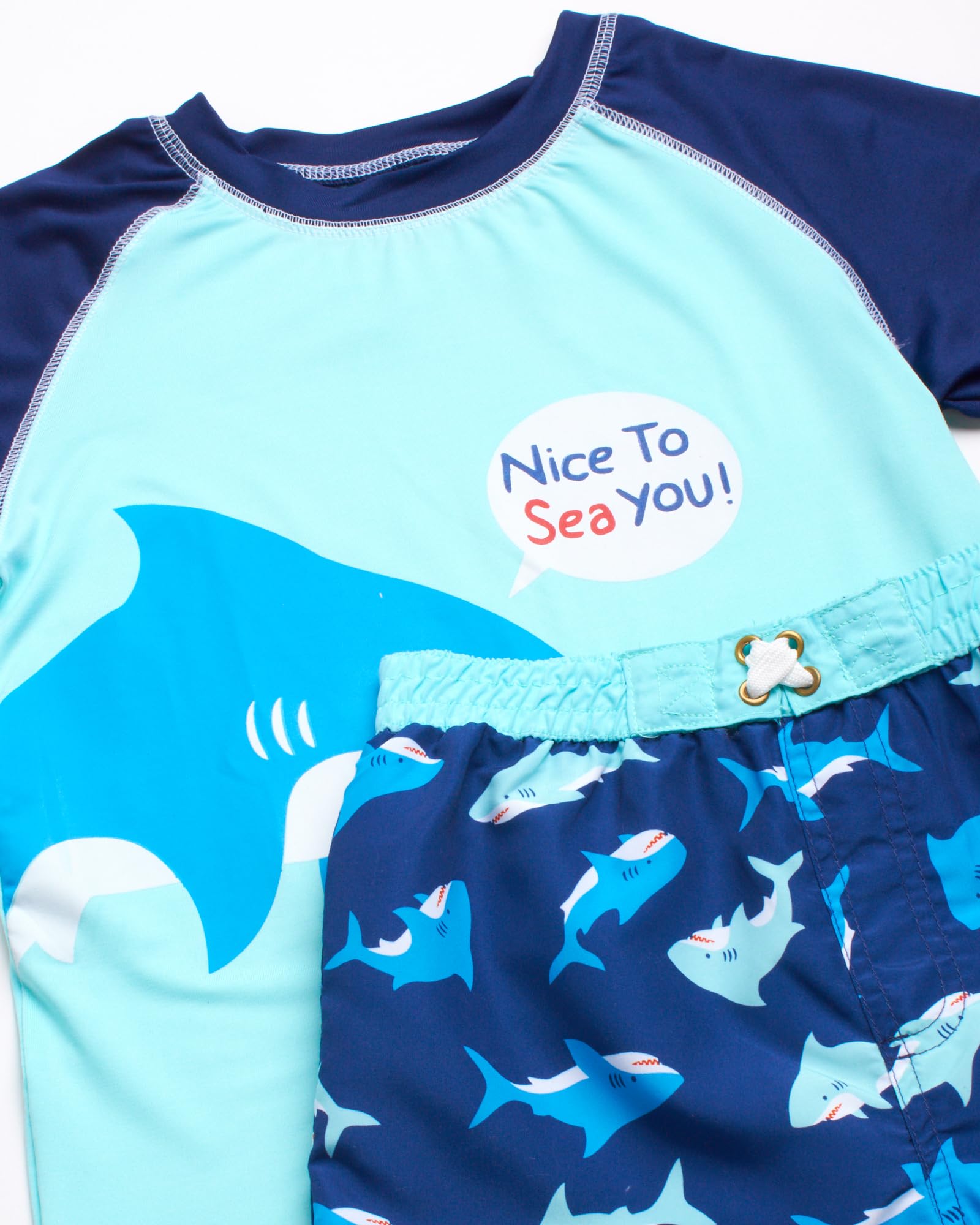 Quad Seven Baby Boys' Rash Guard Set - 2 Piece Bathing Suit Trunks and Rash Guard Swim Shirt (2T-7), Size 2T, Navy Shark/Fishies