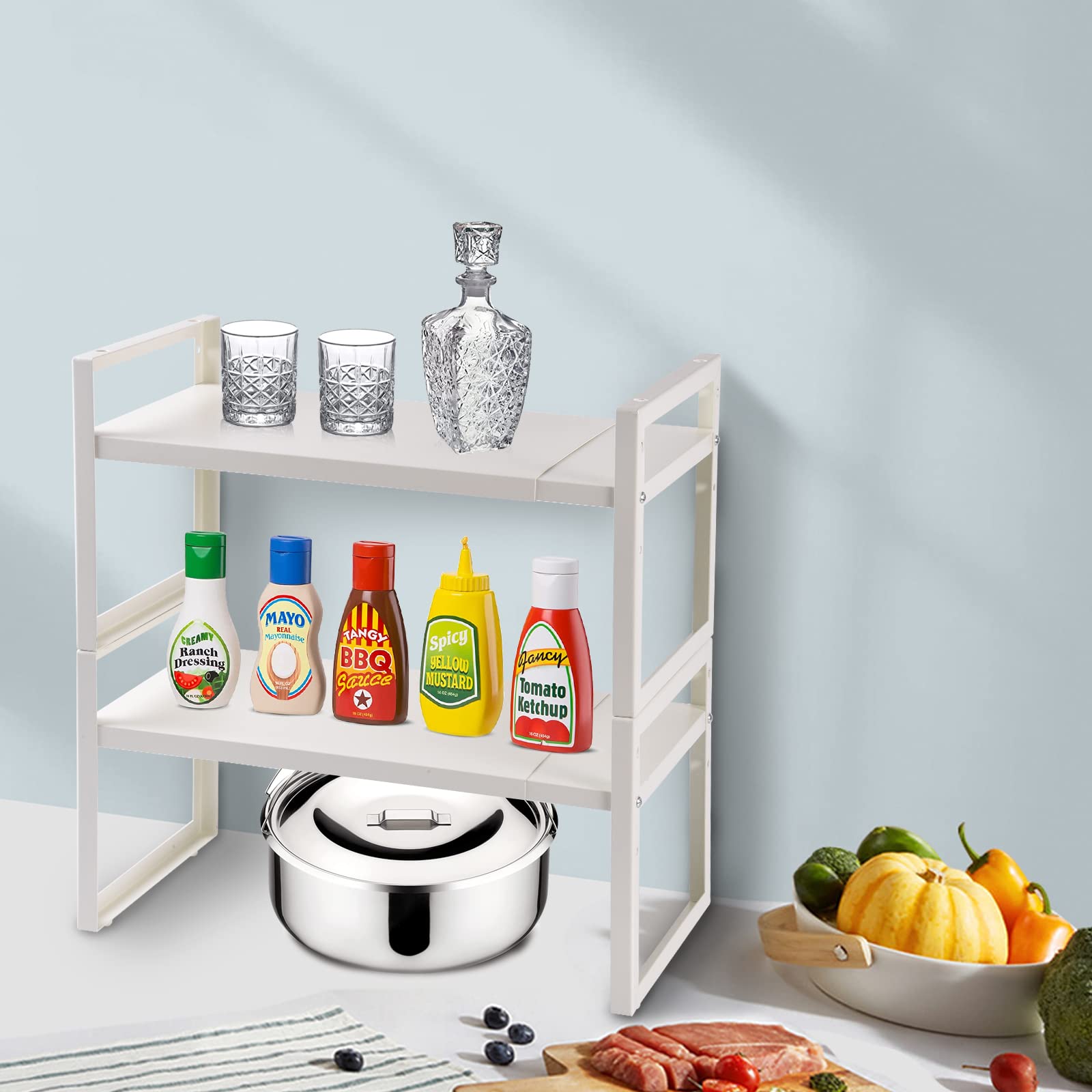 lonpute Expandable Cabinet Shelf Organizers,Adjustable Height Cabinet Cupboard, Kitchen Counter Shelves, Stackable, Expandable, Metal(White - 2 Tier)