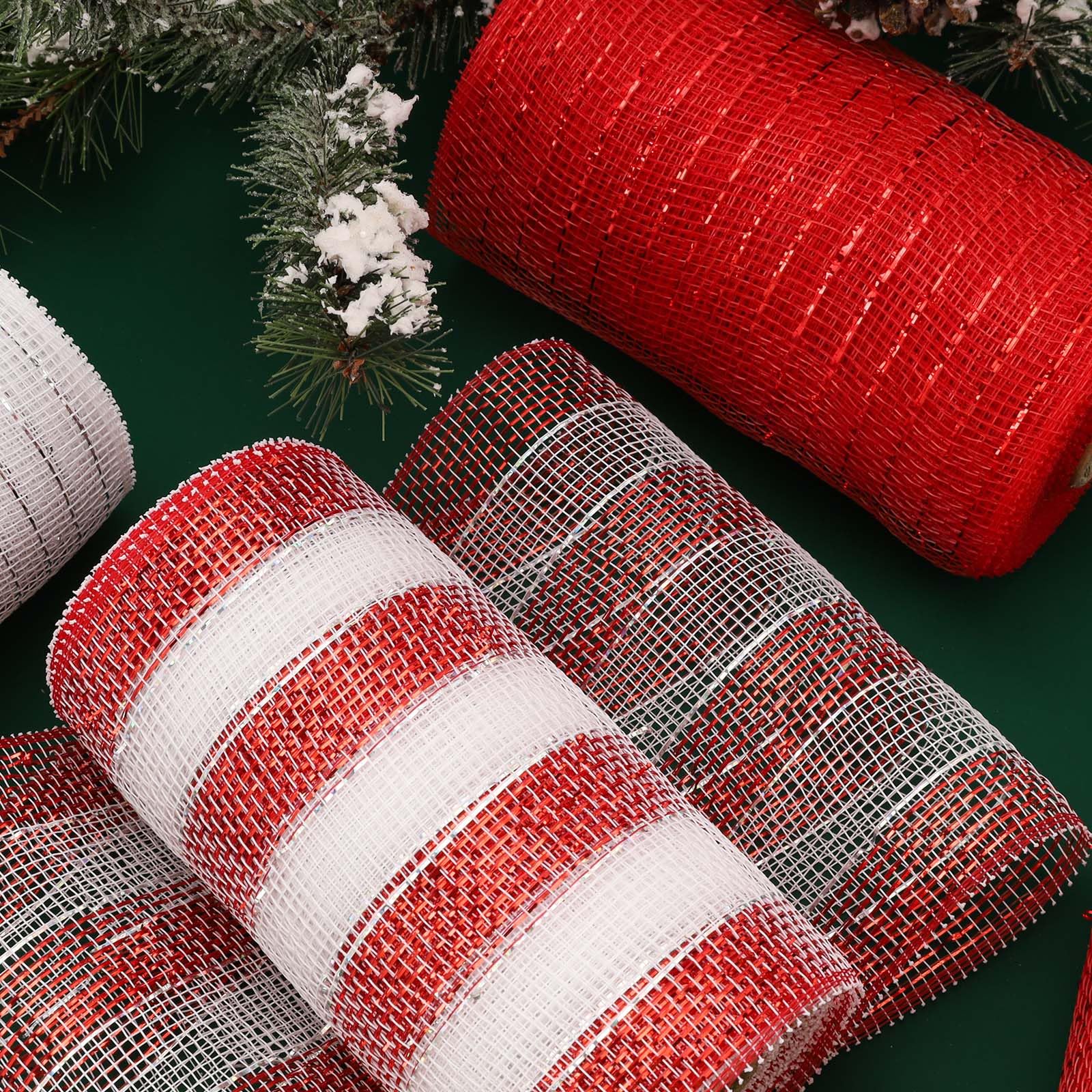 LaRibbons Deco Mesh Ribbon,10 inch x 30 feet Each Roll,Metallic Foil Red and White Rolls for Wreaths, Swags and Christmas Tree Decoration,4 Roll