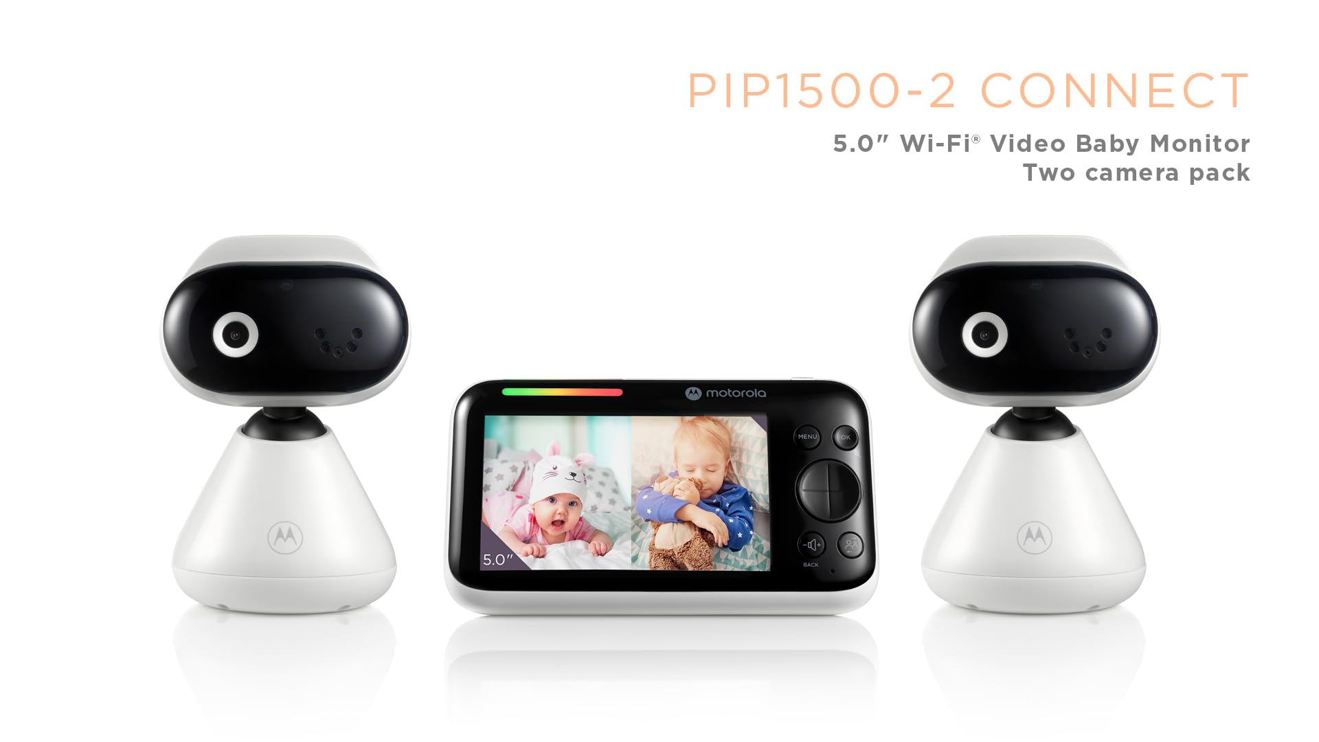 Motorola Video Baby Monitor PIP1500-5" Screen, WiFi, 2 Cameras - Wall Mount, Smart Phone Nursery App, 1000ft Range, Two-Way Audio, Split-Screen, Digital Pan-Tilt-Zoom, Room Temp, Lullabies
