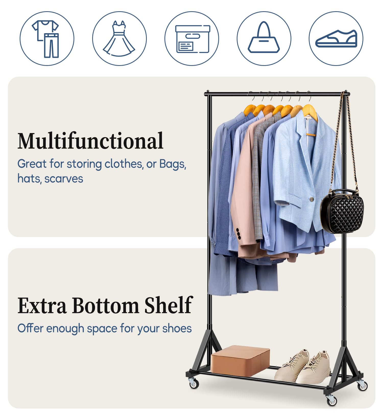 SLEEPING LAMB Heavy Duty Clothes Rack, Rolling Clothing Racks for Hanging Clothes Metal Garment Rack With Wheels, Clothes Hanger Rack for Coats, Shirts, Sweaters Wardrobe Rack (Black)