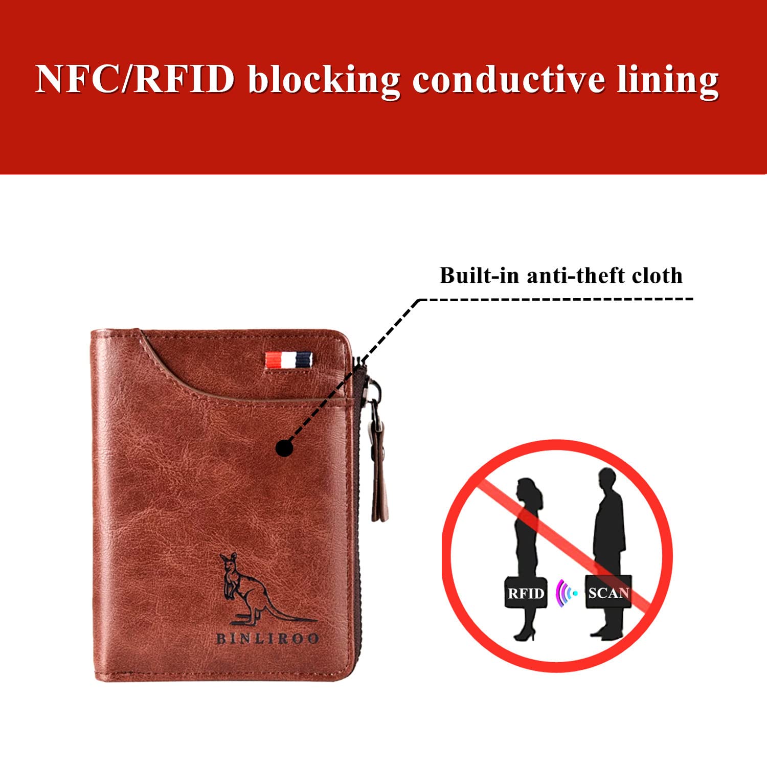 Leather Wallet for Men with Zipper, RFID Blocking Bifold Wallets with Card Holder & Money Clip Cartera Para Hombre(Brown)