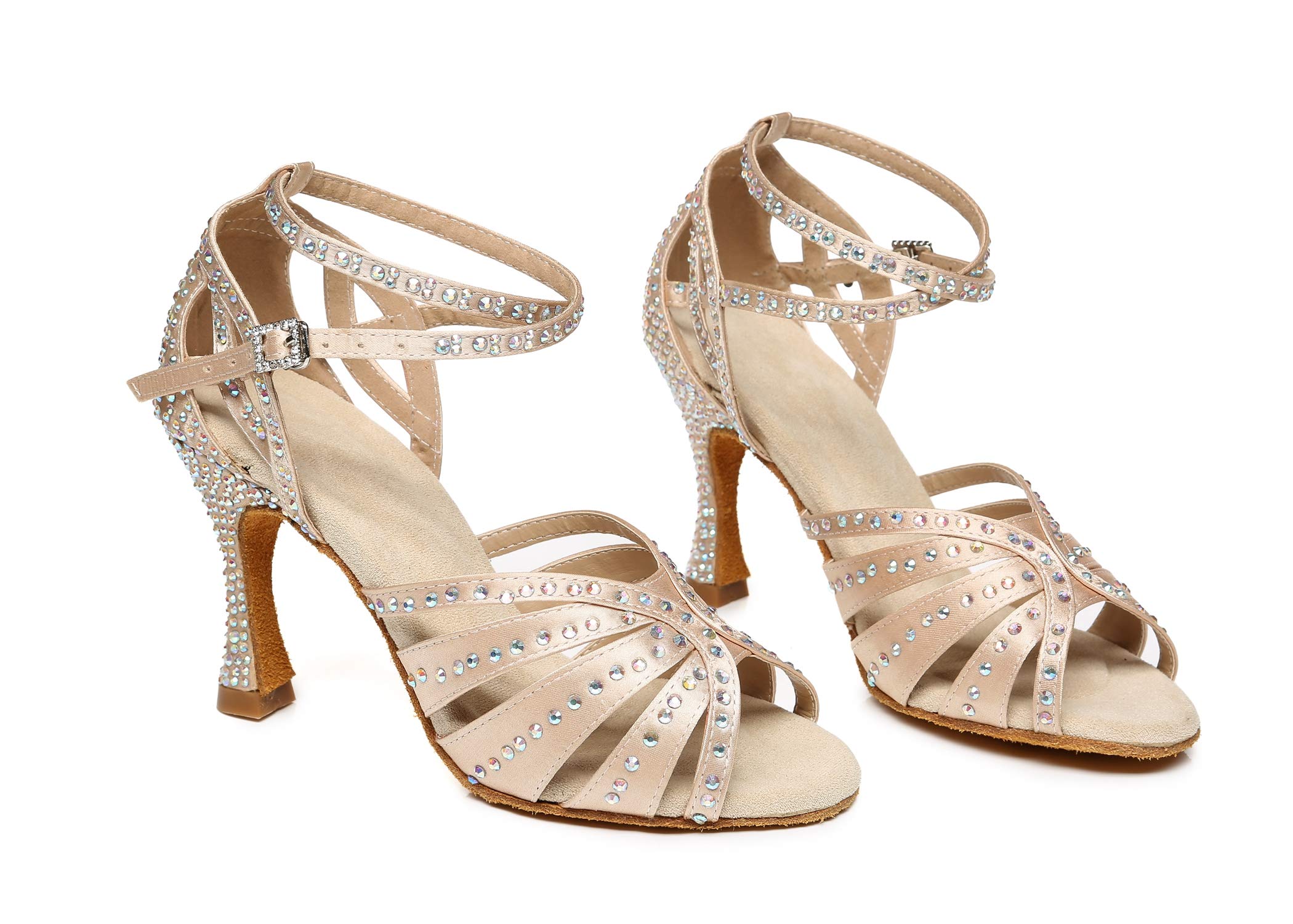 Minishion Women's Salsa Shoes Ankle Strap Beaded Dance Shoes L440 Nude US 8