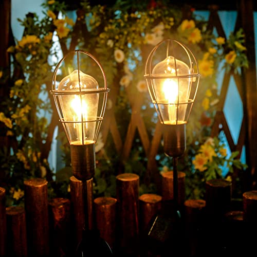 newvivid Pathway Solar Lights Outdoor with Metal Stakes Waterproof Edison Bulbs Solar Pathway Lights Metal Cage Lantern for Patio Backyard Courtyard Lawn Landscape Decor
