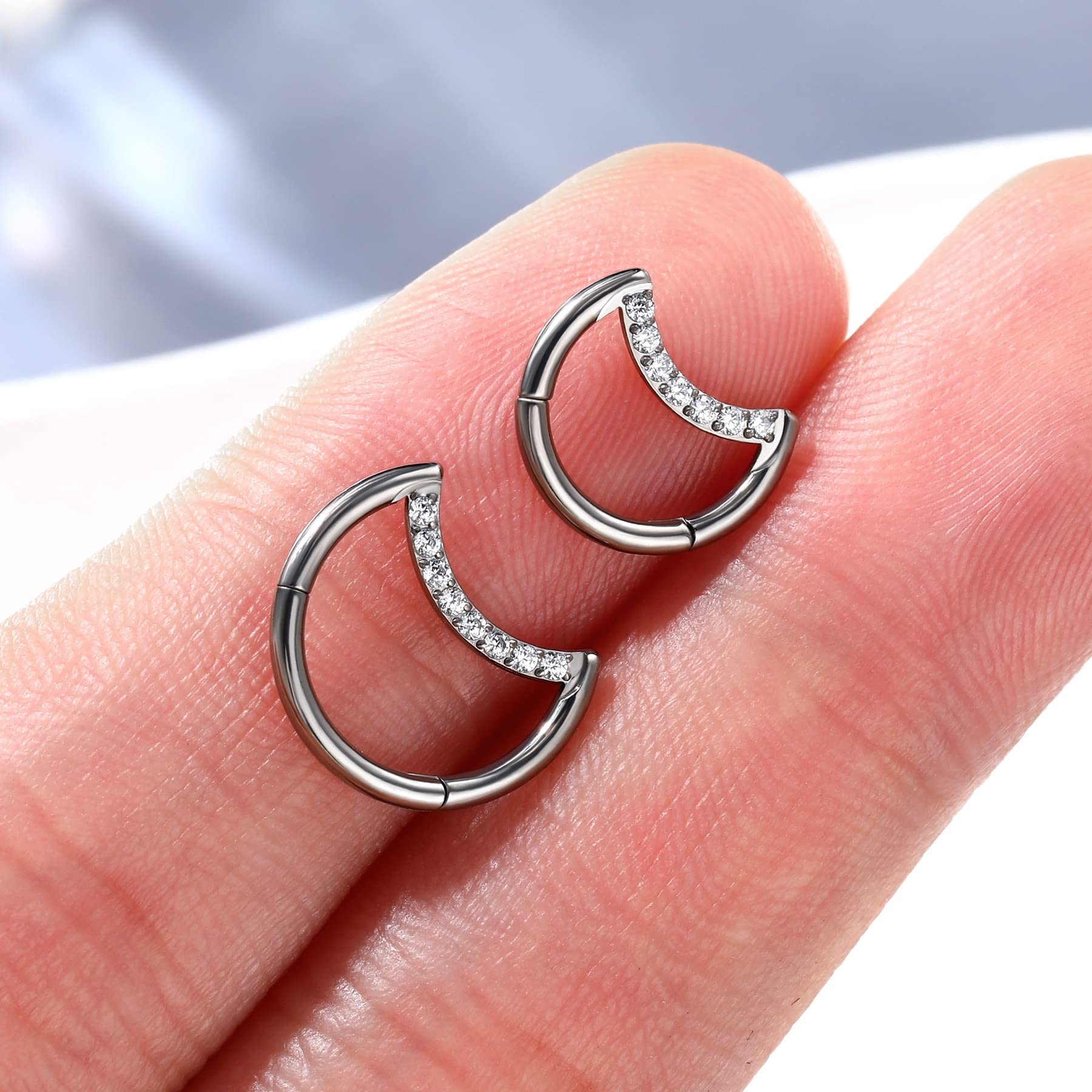 Mooncrush Jewelry G23 Solid Titanium Septum Rings 16G Moon Cilcker Cartilage Helix Earrings Hoop Higned Segment Silver Daith Earring Piercing Jewelry Surgical Steel