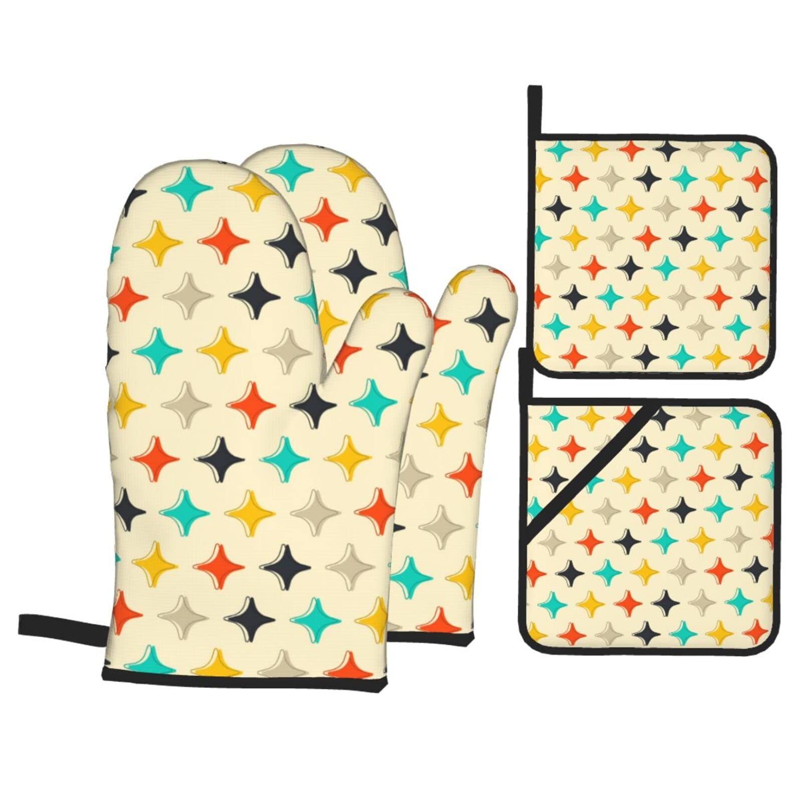 Modern Atomic Stars Retro Colors Oven Mitts and Pot Holders 4pcs Sets,Funny Kitchen High Heat Resistant Oven Mitts,with Oven Gloves and Hot Pads Pot Holders for Baking Cooking BBQ Grilling