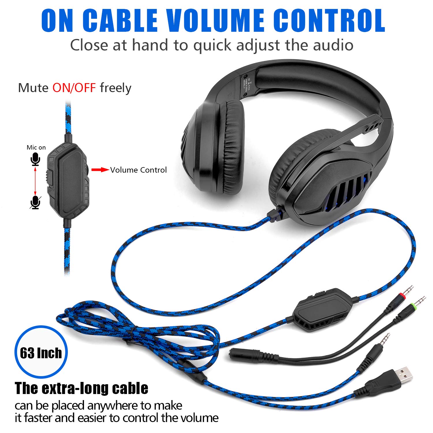 J1 Stereo Gaming Headset with 7.1 Surround Sound, for PS4/PS5/PC/Xbox One/Controller LED Light Bass Surround Noise Cancelling Over Ear Headphones Mic (Blue)
