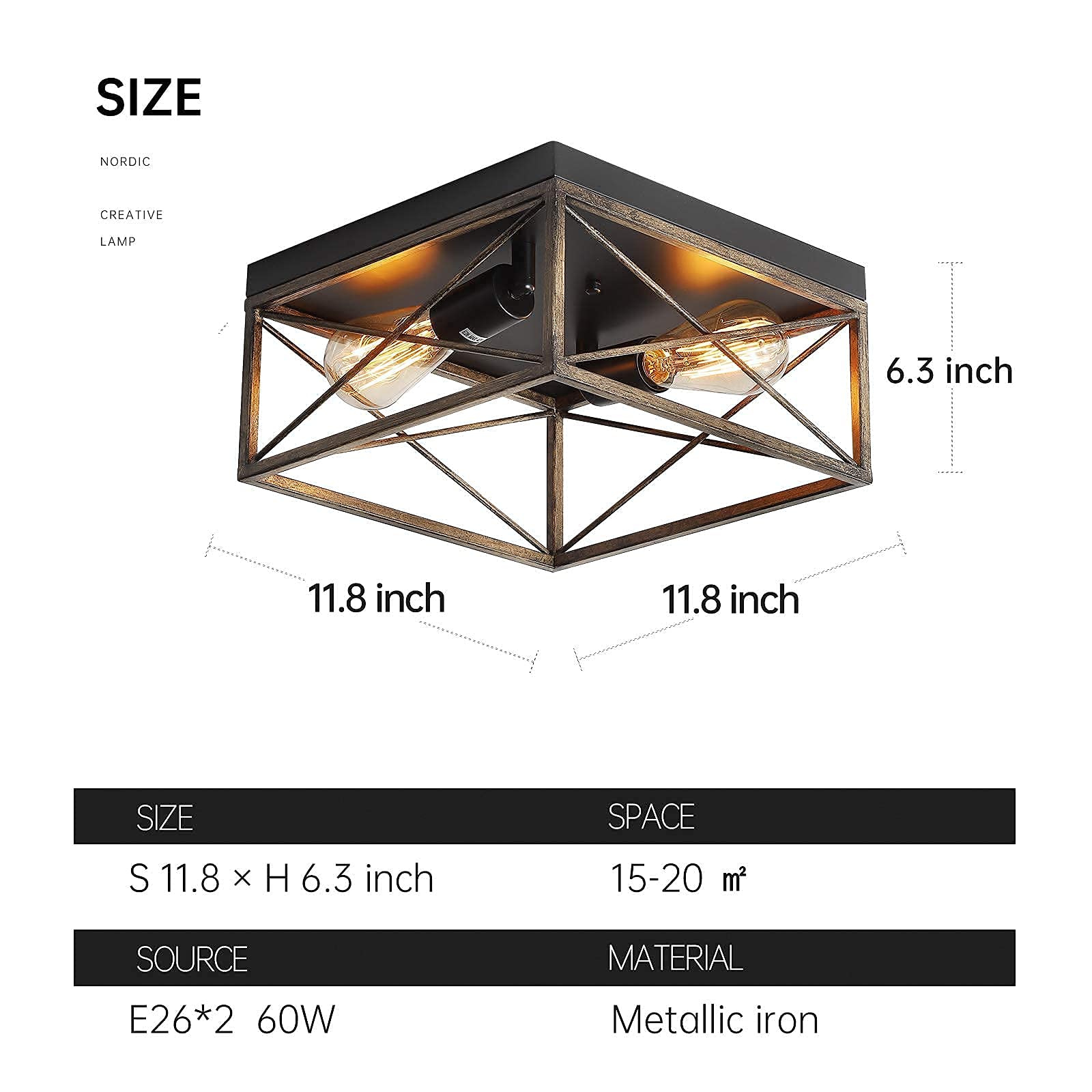 KDG Flush Mount Industrial Ceiling Light ,Adjustable,with Square Metal Cage Shade Ceiling Lighting for Entry Hallway Bedroom Bathroom.2 Lights,Faux Wood Finish