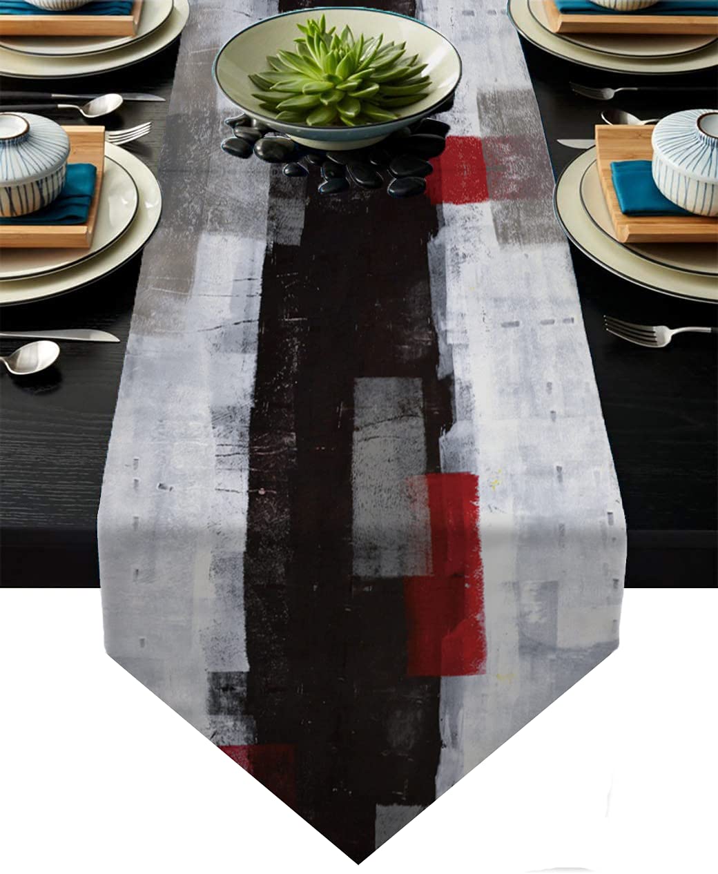 Modern Burlap Table Runner,Abstract Red and Black Art Table Runners for Table Dresser Runner Farmhouse Style for Dinner Party Holidays Home Decoration (Red and Black, 13"x 71")