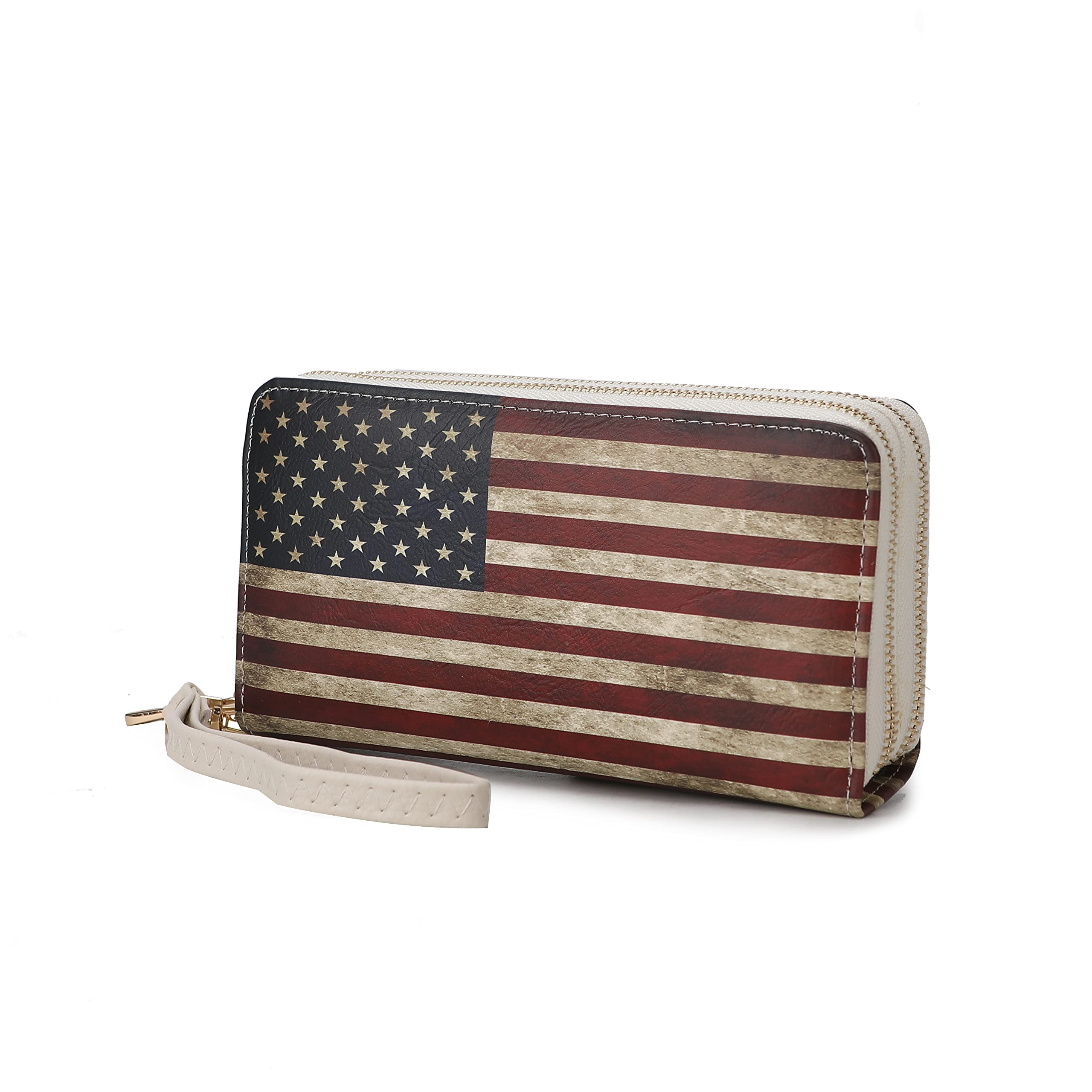 MKF Collection USA Wristlet Wallet for Women's, American Flag Vegan Leather Double Zipper Multi Pocket Small Patriotic Purse