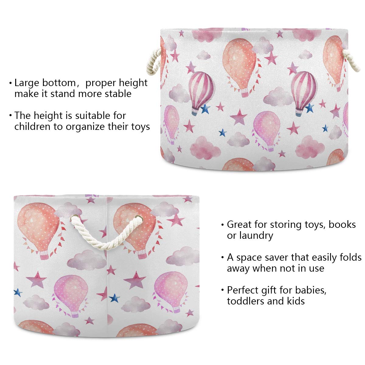Laundry Basket 50L Waterproof Storage Collapsible Hamper Toy Basket Canvas Organizer Basket with Handles for Bedroom Baby Nursery Clothes-Air Ballon