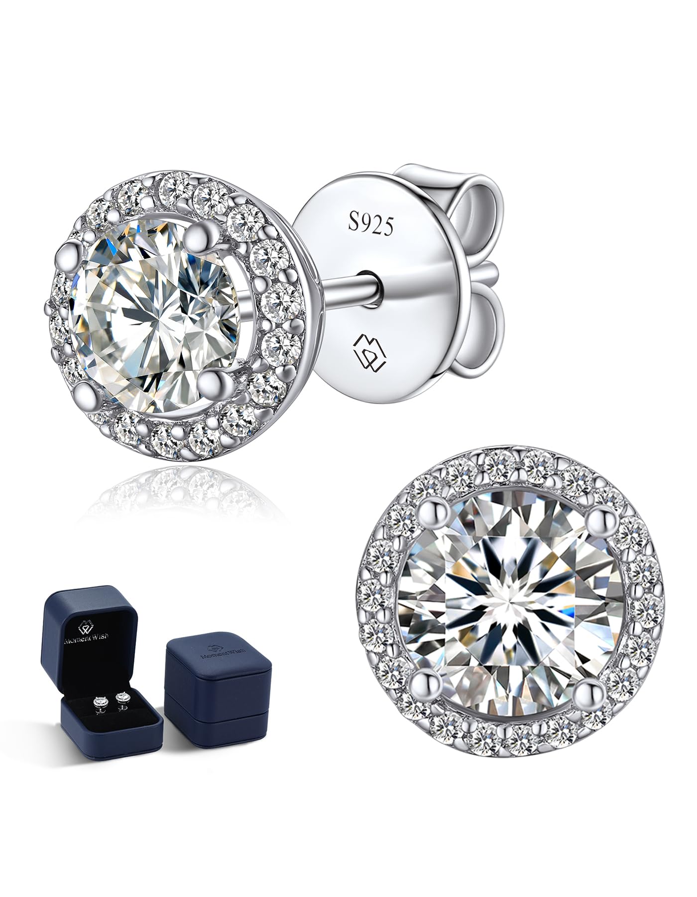 MomentWish Moissanite Earrings, 1Carat Stud Earrings for Women, D Color VVS1 Simulated Diamond 925 Sterling Silver Halo Earrings