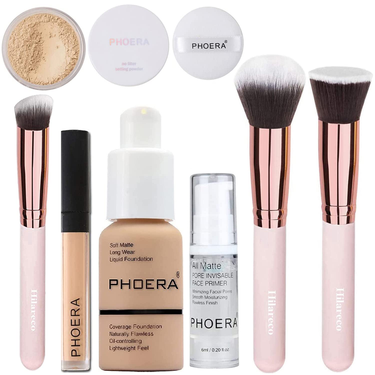 PHOERA Foundation,PHOERA 9D Mascara,PHOERA Makeup Foundation Full Coverage,PHOERA Primer, PHOERA Powder, PHOERA Concealer, Kabuki Brushes Foundation (102 Nude)
