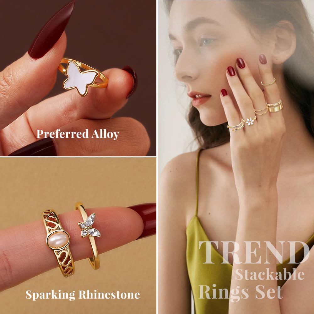 KISS WIFE Gold Knuckle Rings Set for Women, Dainty Simple Trendy Cute Stackable Finger Rings Pack, Perfect for Stacking Layering on Thumb and Knuckle, Mixed Size, Jewelry Gift (Cute)