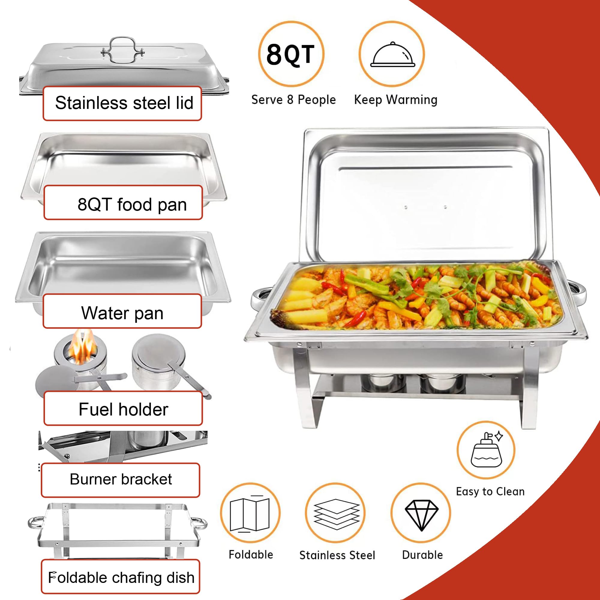 MRIISEL Chafing Dish Buffet Set - 4 Pack, 8 Quart Stainless Steel Chafer Buffet Servers and Warmers Set with Folding Frame for Weddings, Parties, Banquets, and Catering Events