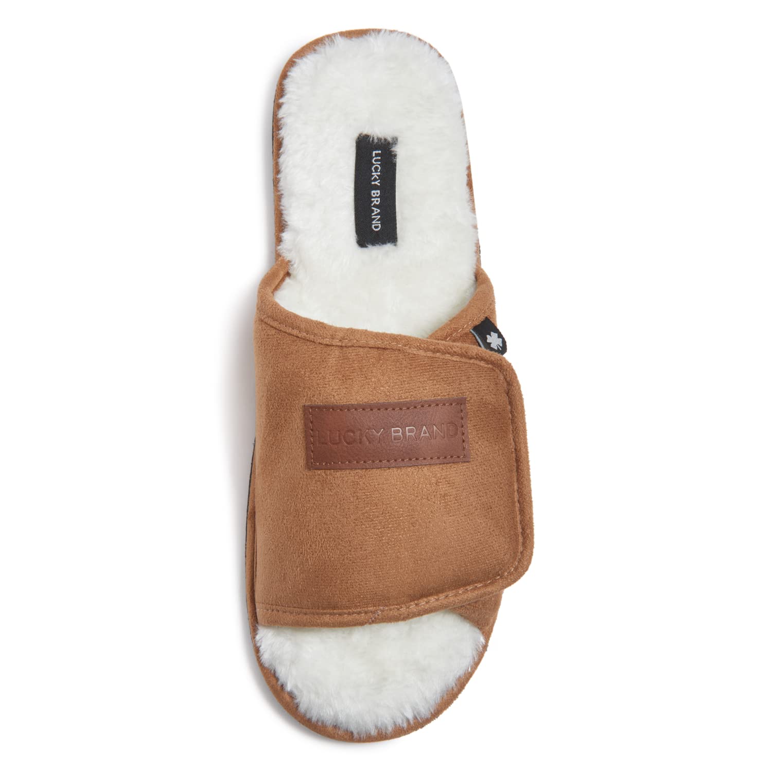 Lucky Brand Mens Microsuede Memory Foam Open Toe Slippers, Cool Adjustable Strap Indoor Outdoor House Sliders for Men, Tan, Medium