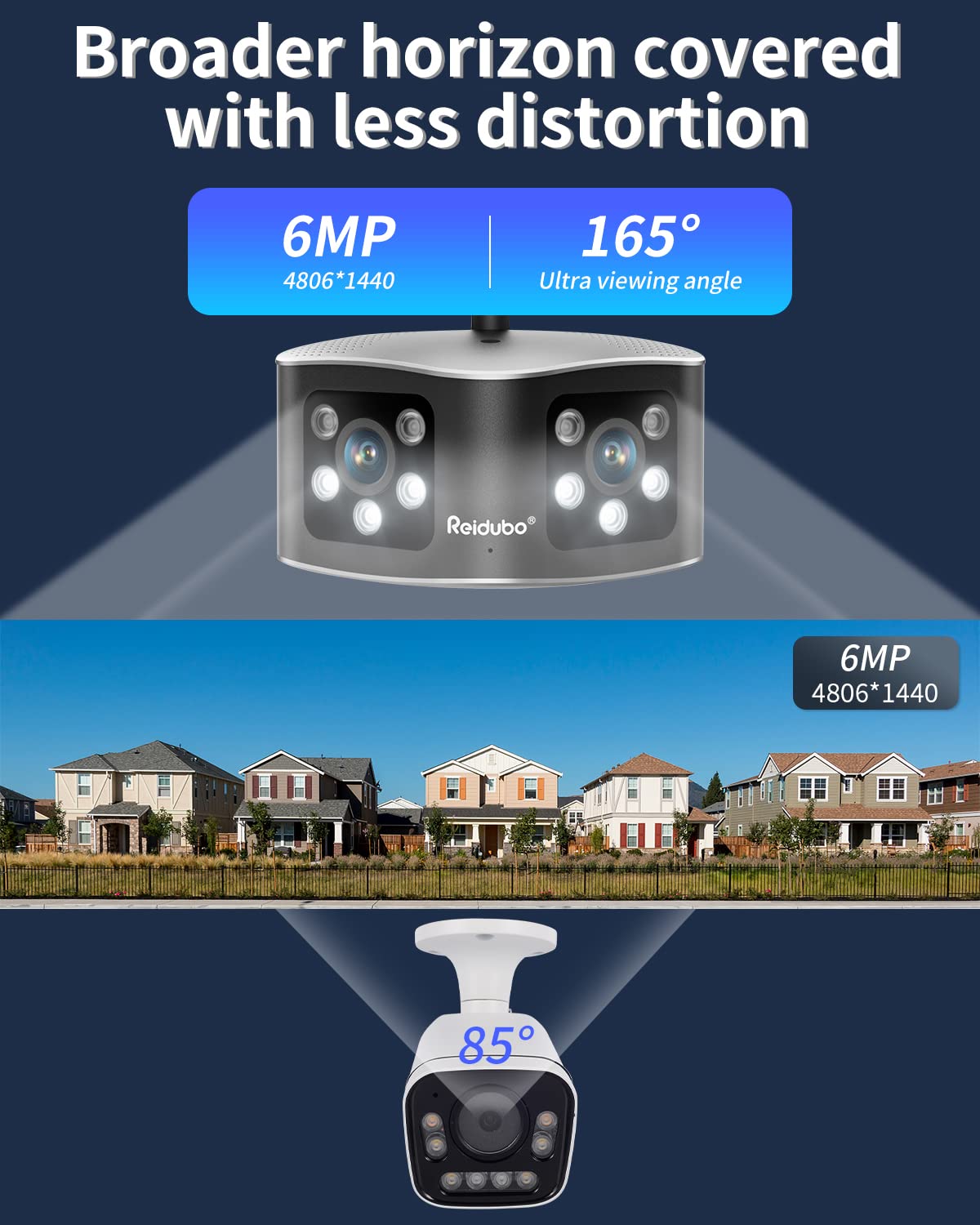 Reidubo 4K WiFi Security Cameras Outdoor with 165° Ultra-Wide Angle, Ultra-HD Dual Lens Cameras for Home Security, Two-Way Talk, Color Night Vision, IP66 Waterproof, Sound & Light Alarm