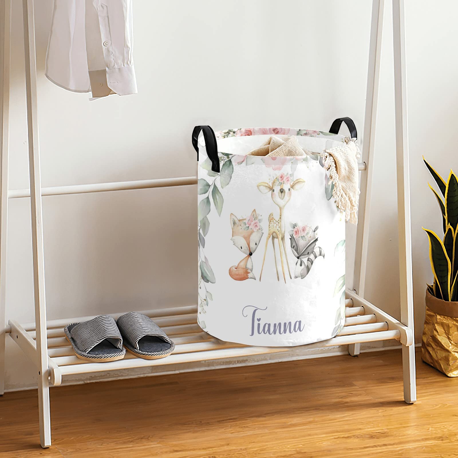 Personalized Custom Giraffe Fox Cute Lovely Collapsible Large Sized Clothes Hamper with Knitting Handles for Baby Girls Boys Kids Nursery Clothes Things