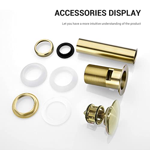 Pop Up Drain with Detachable Basket Stopper, Brass Overflow Bathroom Faucet Sink Drain with Built-in Anti-Clogging Strainer, Brushed Gold