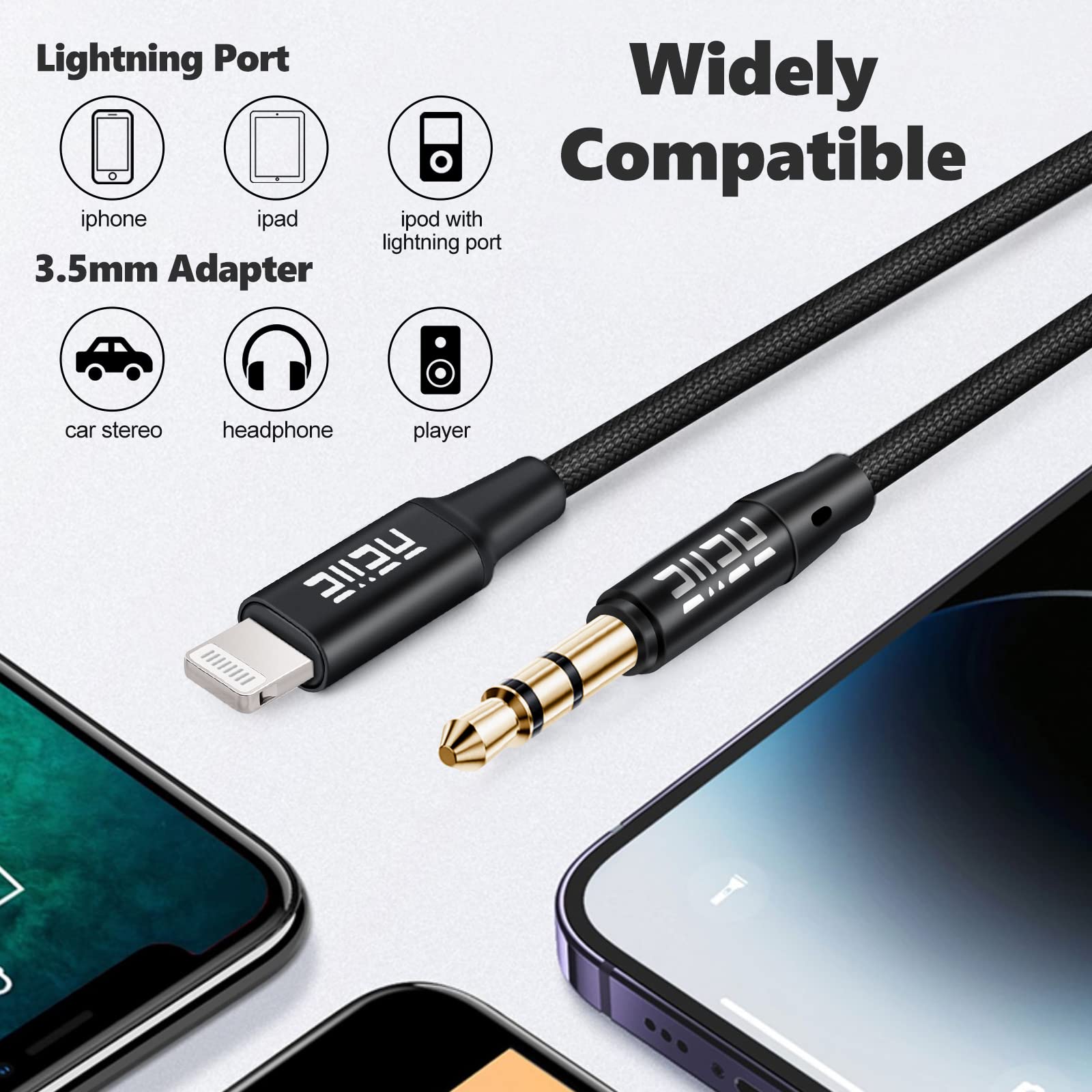 reiie 【Apple MFi Certified】 3.9FT Aux Cord for iPhone, Lightning to 3.5mm Audio Cable for Car Stereo,Speaker,Headphone Compatible with iPhone12/11 Pro Max,/X/XS/XR/8/7/iPad