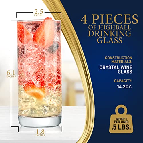 NutriChef 14.2oz Highball Drinking Glasses - Set of 2 Heavy Base Tall Tumbler Clear Glassware for Water, Wine, Beer, Liquor, Gin, Cocktail, Whiskey, Juice, Iced Coffee, Mixed Drinks, Dishwasher Safe