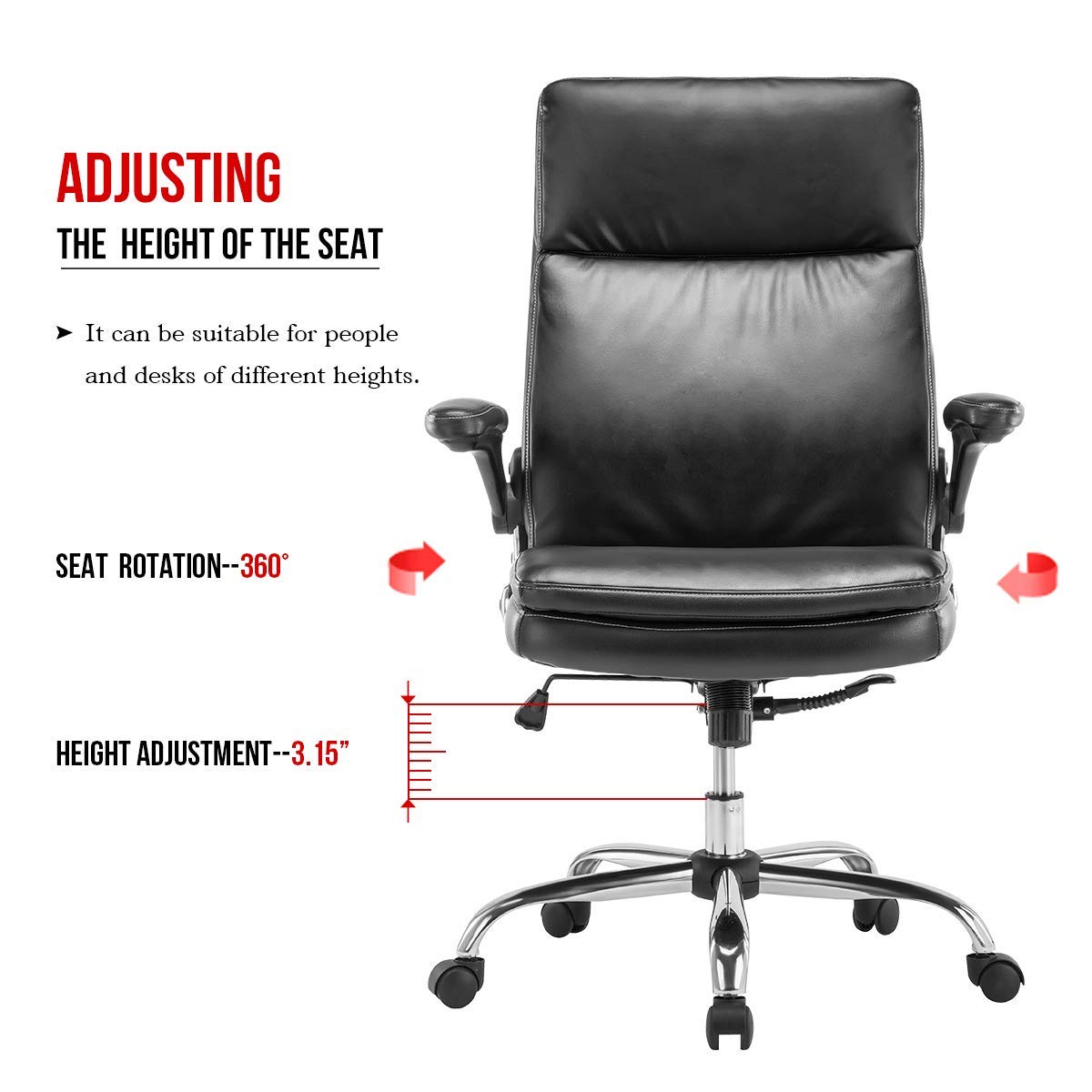 KERMS Executive Office Chair PU Leather Desk Chair with Lumbar Support and Flip Up Arms, High Back Office Chair Adjustable Recline Locking, Black