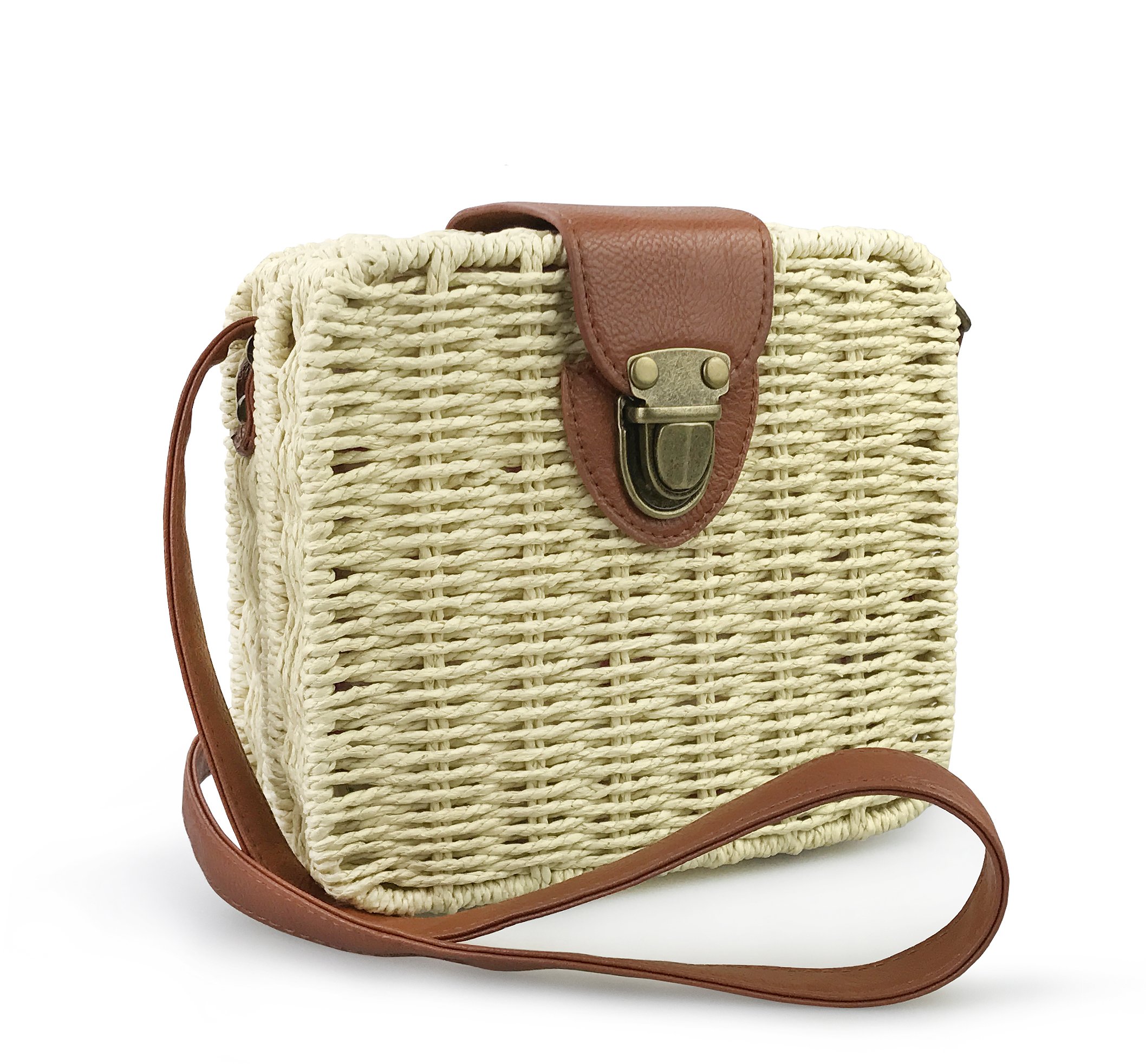 HOXIS Retro Straw Portable Small Case Womens Cross Body Bag Shoulder Messenger Satchel (Khaki)
