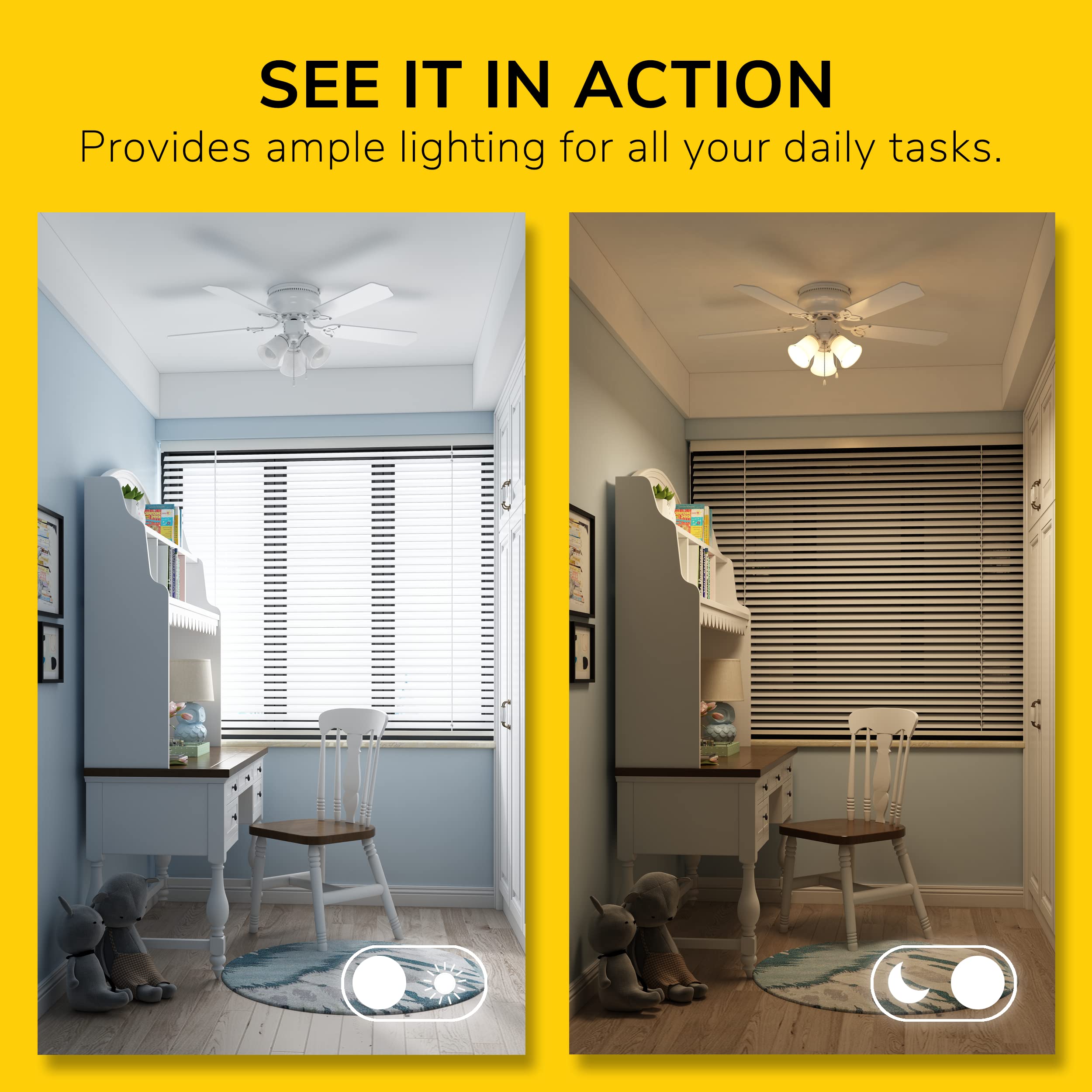 Inlight 42" Classic Flush Mount Ceiling Fan with Pull Chain and 3 Lights, 5 Wood Blades and 3 Speed Reversible Motor, Hugger Ceiling Fan for Small Rooms or Low Ceilings, White Finish, IN-0704-1-WH