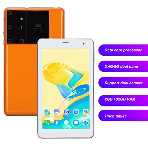 PUSOKEI 7Inch Tablet,Dual Camera,1280x800 HD Display,2GB RAM 32GB ROM,2.4G 5G Dual Band,Support 128GB,WiFi,Computer Tablets for Kids(Orange)