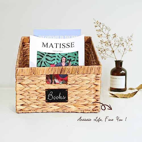 Kenvc 16.5in Jumbo Rectangular Wicker Basket, Rectangle Woven Baskets for Storage, Natural Water Hyacinth Storage Baskets with Built-in Handles, Chalkboard Labels & Chalk Marker, Large 1-Pack