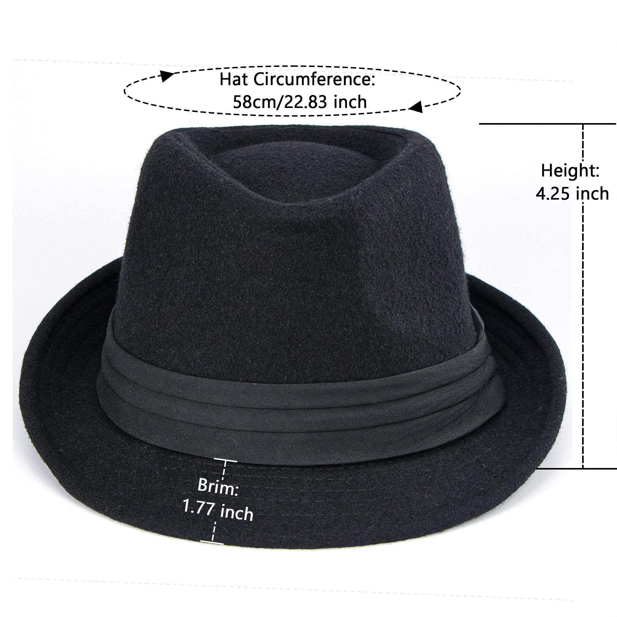 Men's Classic Short Brim Trilby Hat Gangster Fedora Wool Cap with Band (S/M)