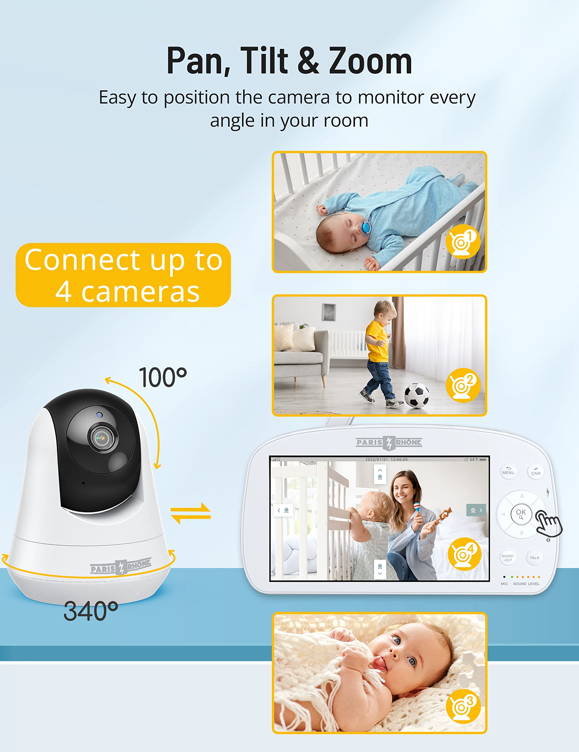 PARIS RHÔNE Baby Monitor, 5.5" 1080P Split Screen Baby Video, 2-Way Talk, 1000ft Range, 5000mAh Battery, HD Night Vision, Pan Tilt Zoom, VOX Mode, Temperature Sensor, White (PE-IH004)