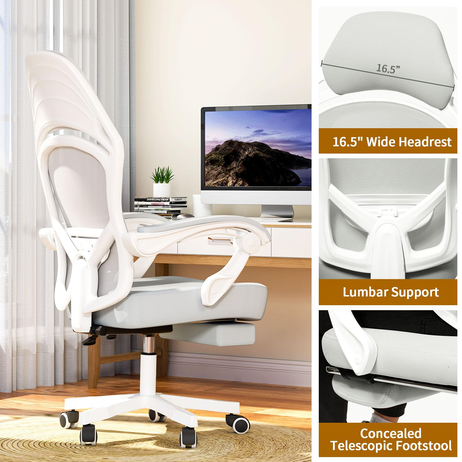 kenvc Ergonomic Office Chair with Foot Rest, Home Office Desk Chairs with Lumbar Headrest and Retractable Footrest, Mesh Office Chair Adjusts 90°-145°, Light Gray