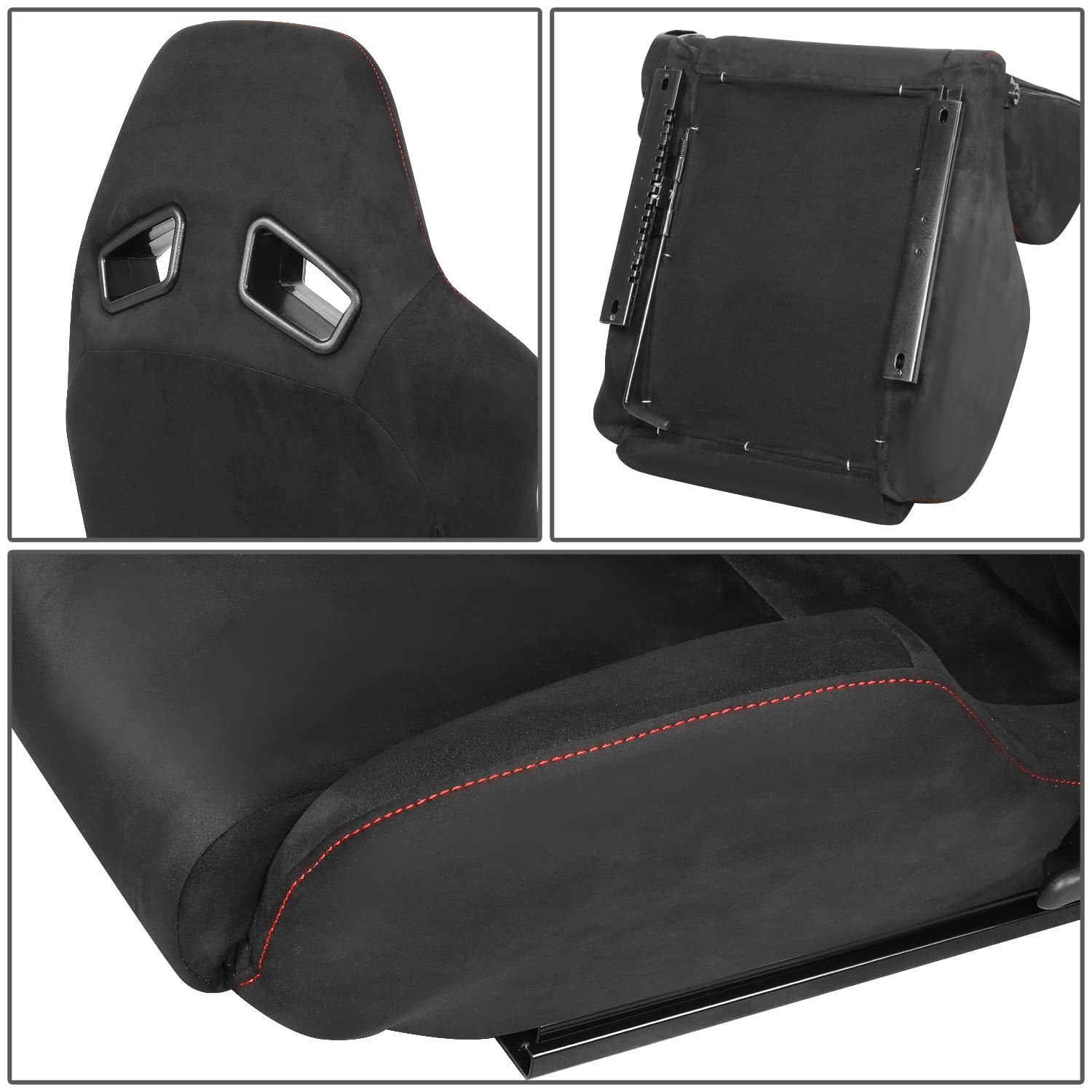 J2 Engineering J2-RS-003-BK Red Stitching Alcantara Reclinable Back Rest Racing Bucket Seats for 4 Point Harness, 38" H X 21" W X 23" D, 1 Pair
