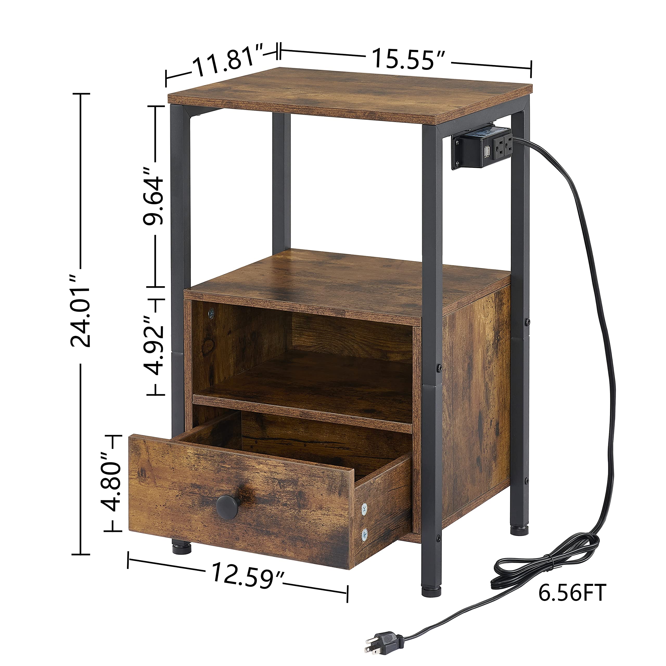 Hoctieon Nightstand with Charging Station, Night Stand with Drawers and Open Storage Shelf, End Table with USB Ports and Outlets, Bedside Table for Small Spaces, Rustic Brown