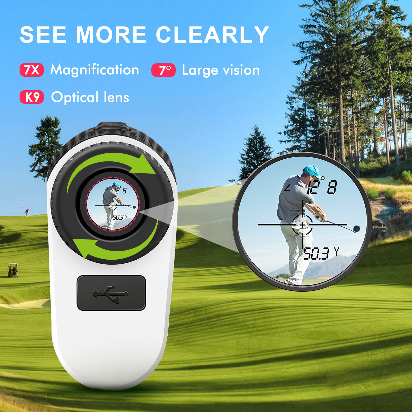 Livingpai Golf Rangefinder, 1000 Yards Rechargeable Laser Range Finder with Slope, Flag Lock with Vibration, 7X Magnification, Continuous Scan, Rangefinder for Golfing & Hunting