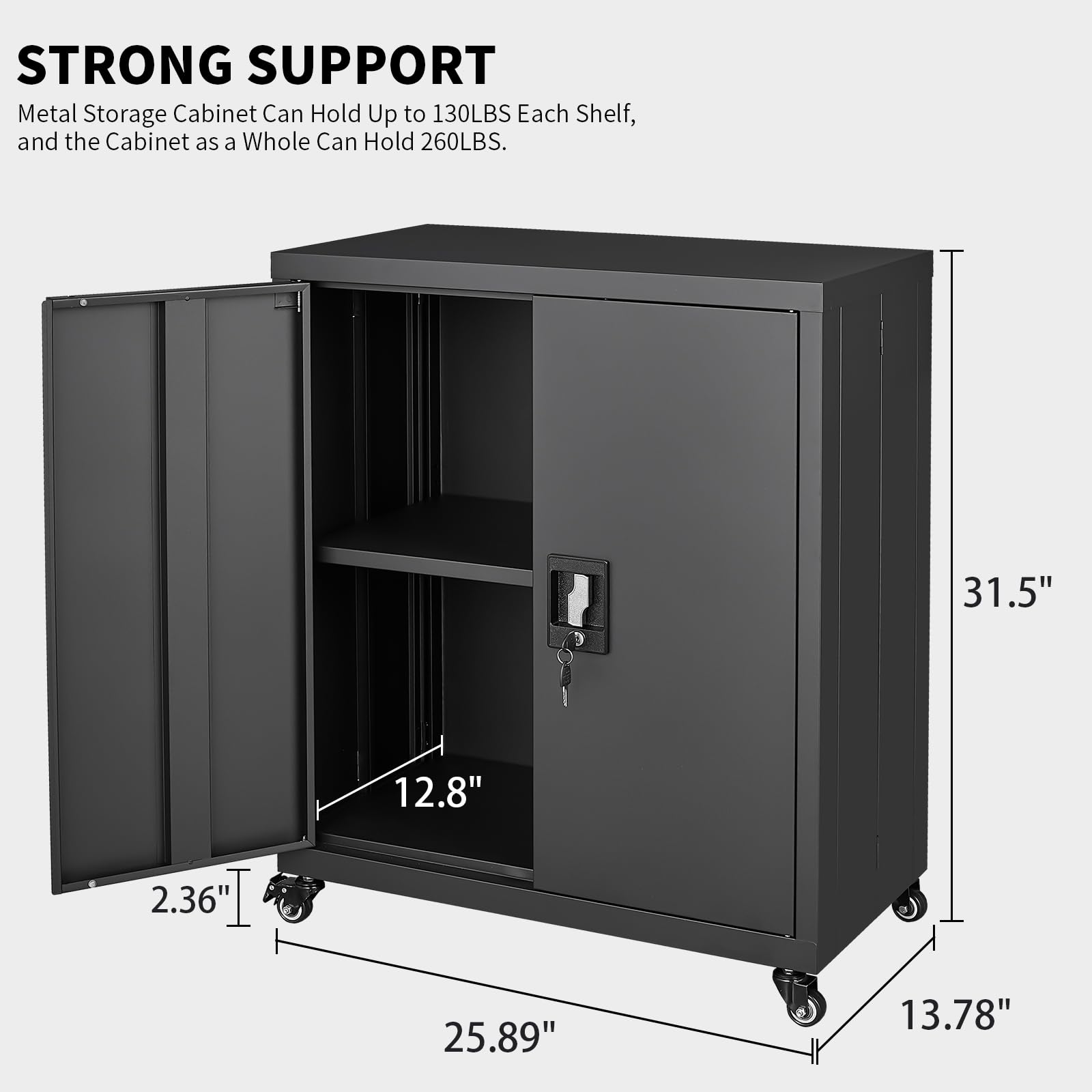 LUCYPAL Metal Storage Cabinet with Wheels,Lockable Steel Storage Cabinet with Doors, Mobile Metal Storage Cabinet with Adjustable Shelf, Metal Filing Cabinet for Home Office,Garage,Black