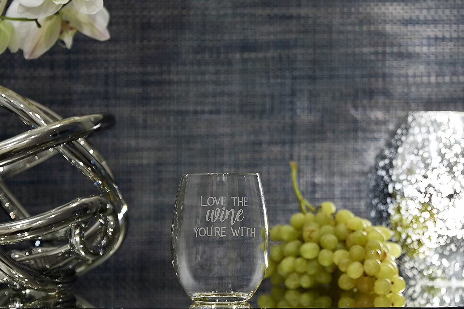 Lushy Wino β Love The Wine You're With β Cute, Novelty, Etched Stemless 16-Ounce Wine Glass with Funny Sayings in Gift Box