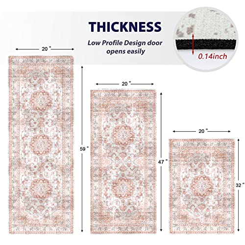 MELAJIA Boho Kitchen Rugs Sets of 3 Non Slip Washable Pink Durability Laundry Room Mat for Washer and Dryer Easy to Wipe Low-Profile Runner Rug for Hallway Entryway Bathroom