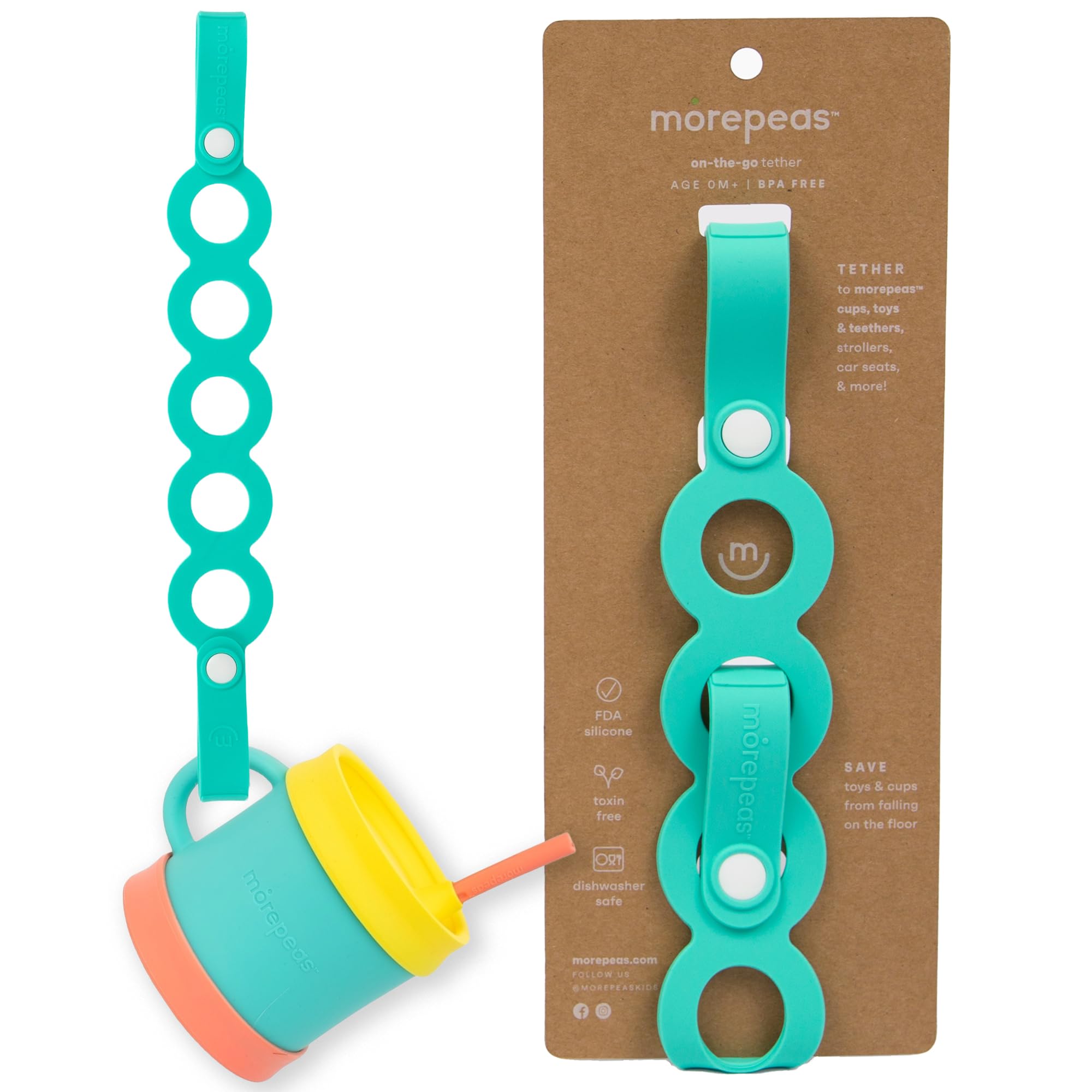 morepeas On-The-Go Tether - Stretchable Silicone Teether & Pacifier Clip - Baby Travel Essential - Stroller, Car Seat & Highchair Accessory