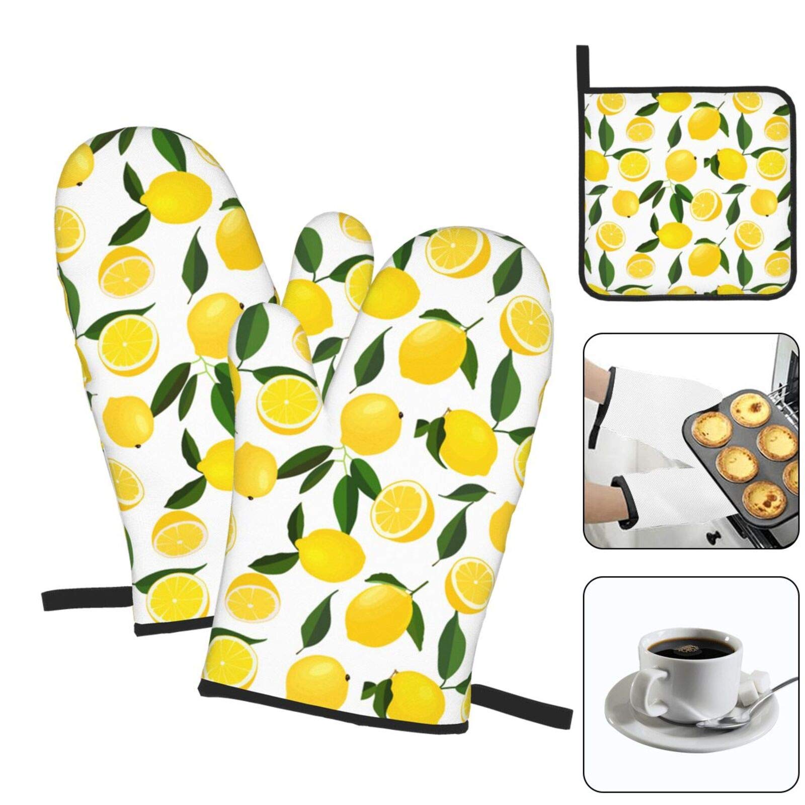 Lemon Oven Mitts and Pot Holders Sets of 3,Resistant Hot Pads with Polyester Non-Slip BBQ Gloves for Kitchen,Cooking,Baking,Grilling