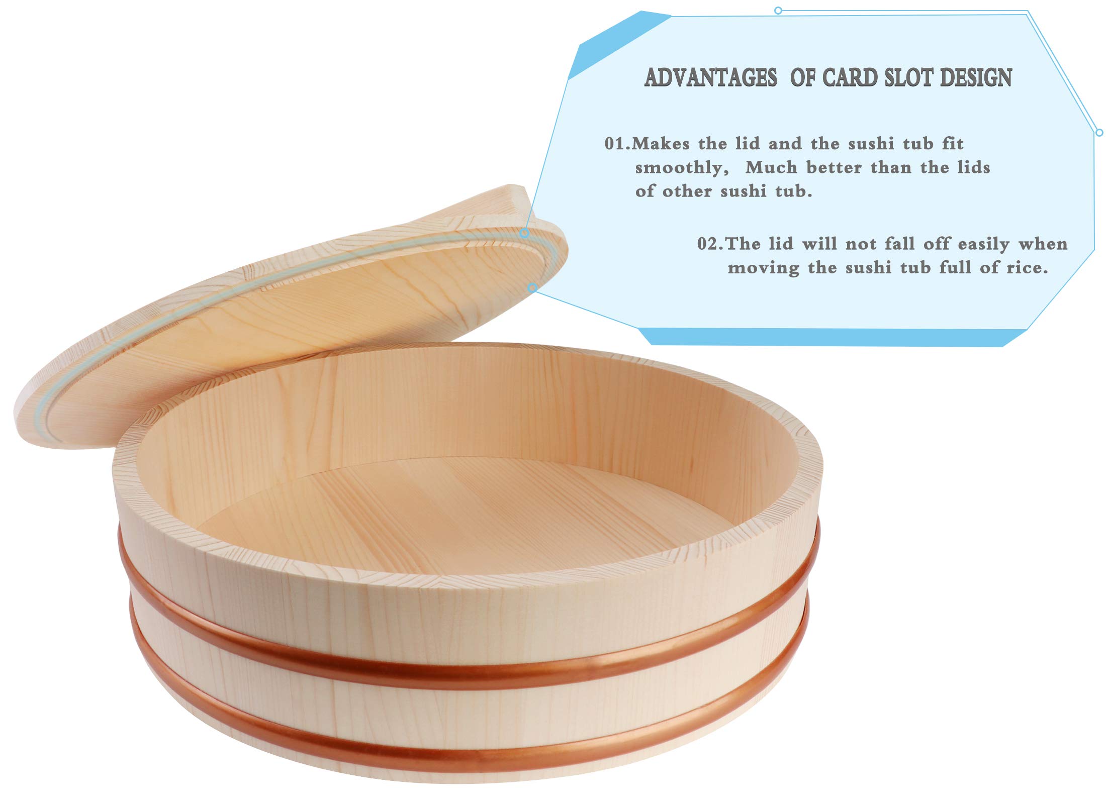 Kichgather Wooden Sushi Rice Bowl with Lid Hangiri Sushi Oke Sushi Rice Mixing Tub (11.8 β with lid)