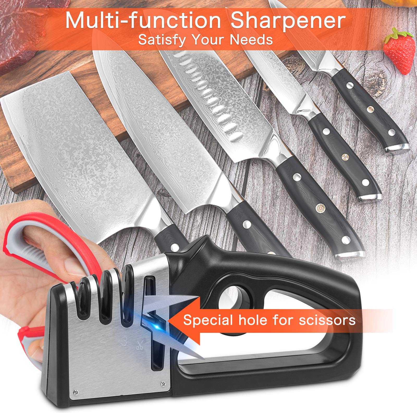 Knife Sharpener, 4-in-1 Kitchen Knife Accessories, Manual Knife&Scissor Sharpener, Handheld House knife sharpener for All Sized Household Knives and Scissors (B-02)