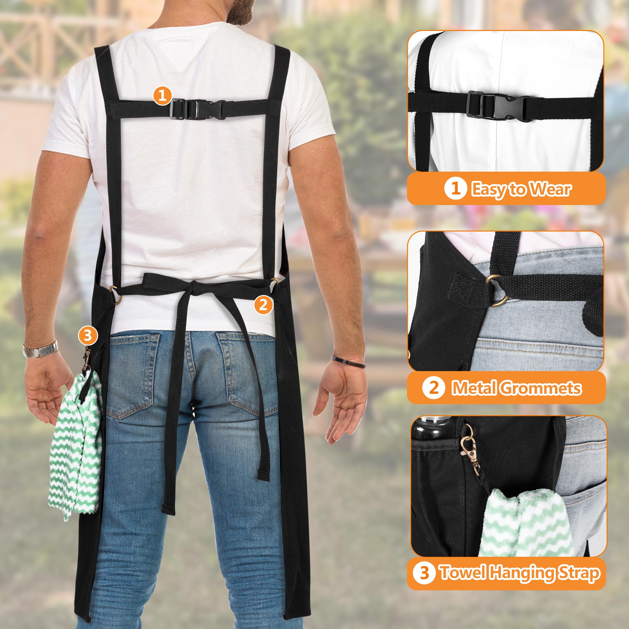 HODRANT Heavy-duty BBQ Grilling Apron, Outdoor Cooking Apron for Men & Women Chef with Dual Shoulder Straps & Adjustable Buckle, Anti-oil Kitchen Apron with Multiple Pockets & Slit Hem, Apron Only