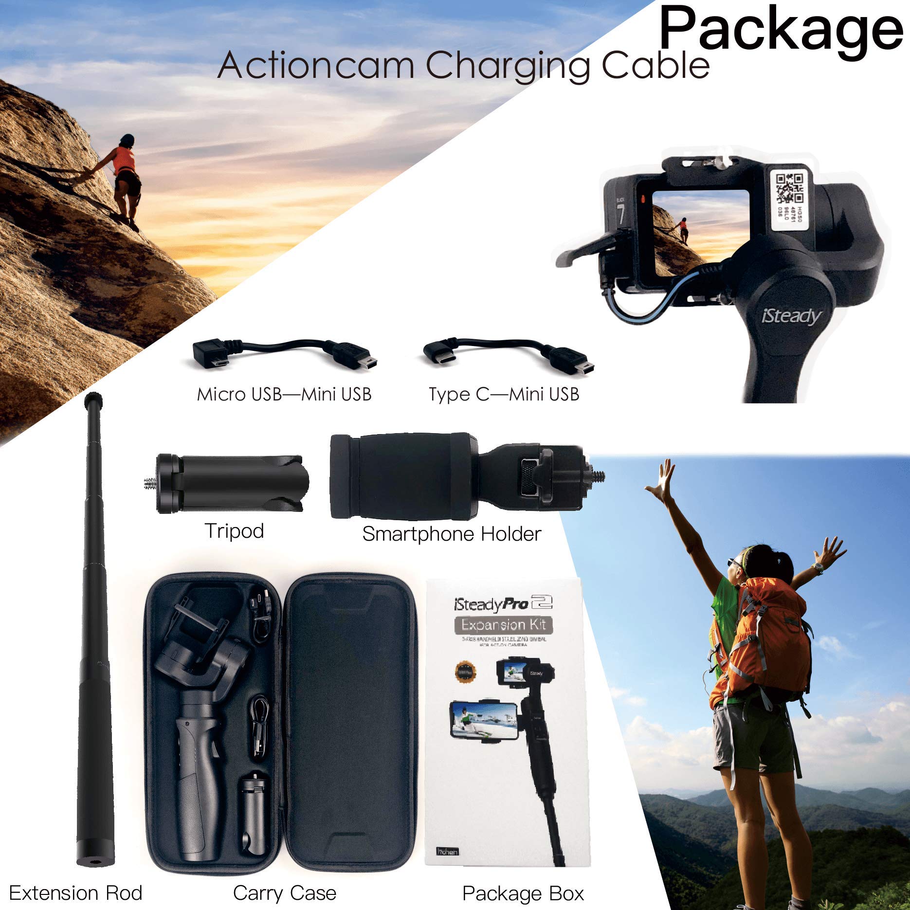 Hohem Action Camera 3-Axis Gimbal Stabilizer with Phone Holder Extension Rod iSteady Pro2 Kit