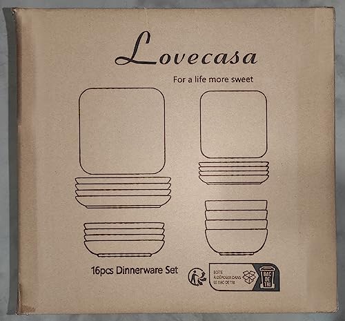 LOVECASA Square Dinnerware Sets for 4, 16 PCS Gradient Dishes Set,Stoneware Dinner Plates/Dessert Plates/Soup Plates/Cereal Bowls,Gradient Sky Blue