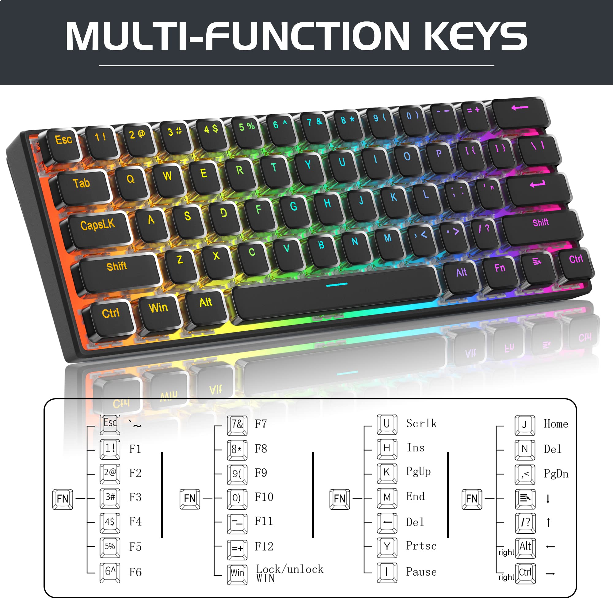 Portable 60% Typewriter Keyboard Wireless, Cute Cool RGB Backlit Mechanical Gaming Keyboard with Linear Red Switches, Wired/Wireless Connection 61 Keys Mini Keyboard for Windows Mac Android PC(Black)