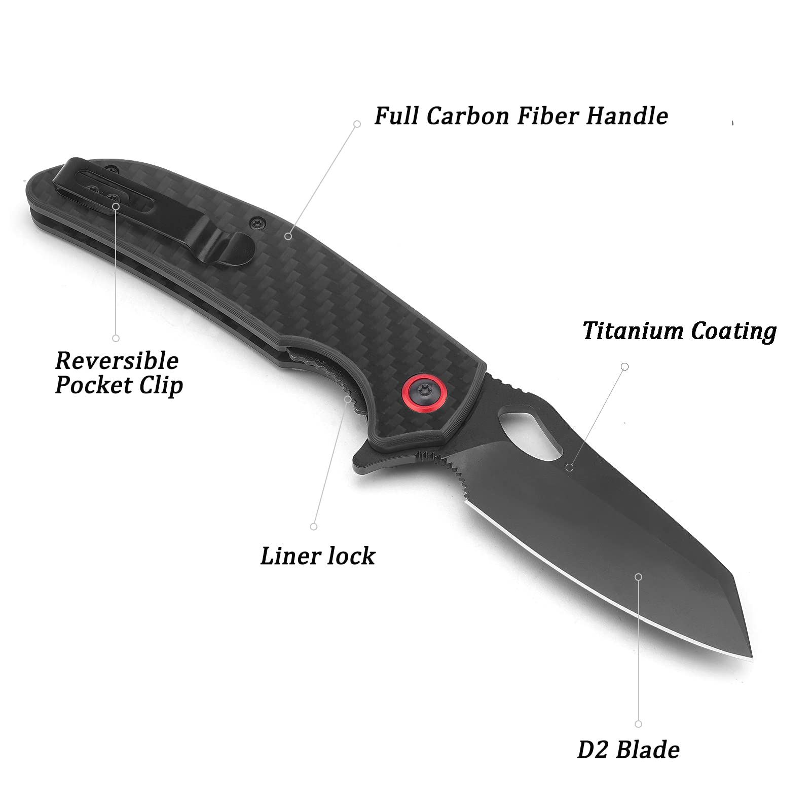 SENNILOX Folding Pocket Knife,3.26" D2 Blade,Full Carbon Fiber Handle,Titanium Coating,Unique Tool Gift for Men Women