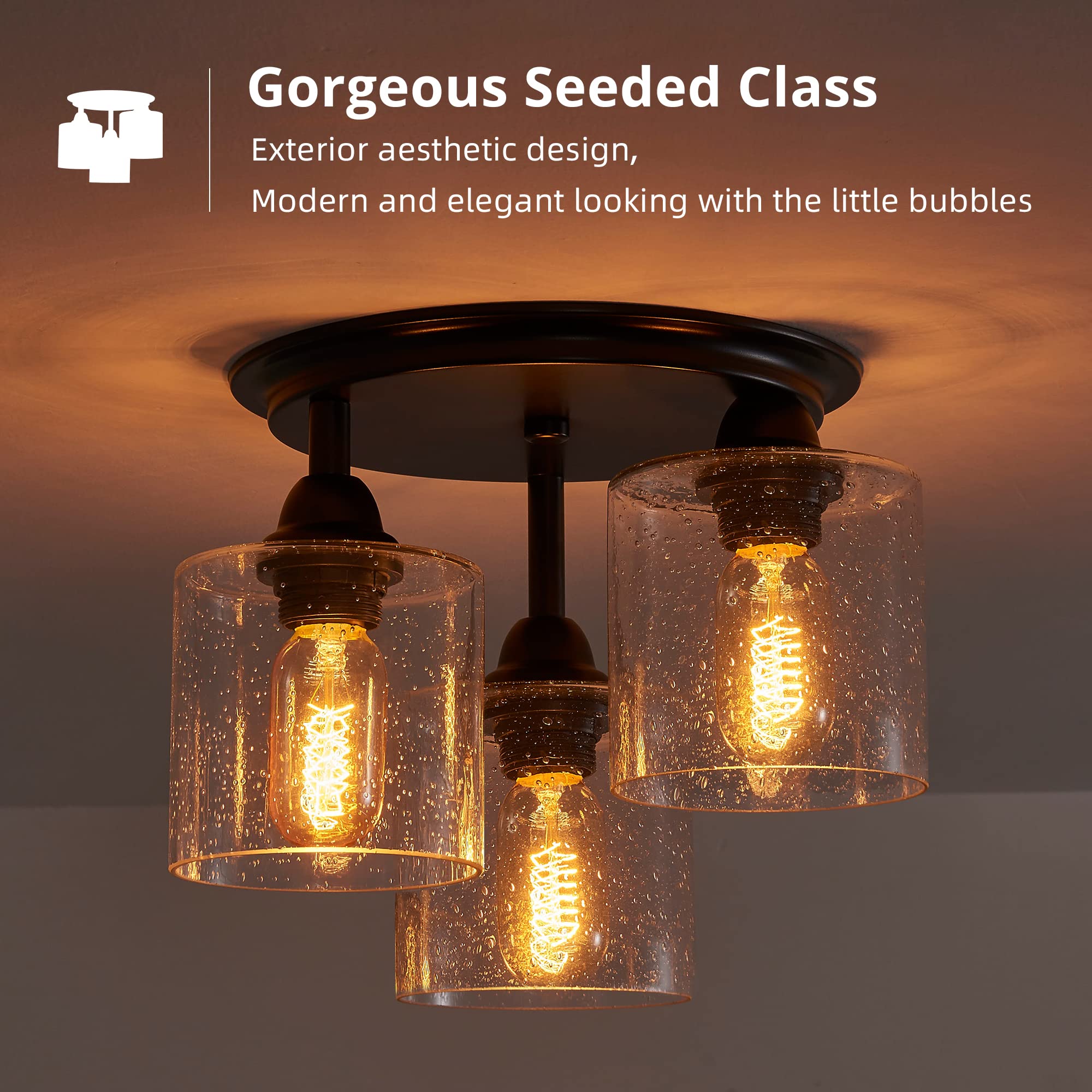 LEDIARY Semi Flush Mount Ceiling Light, 3-Light Industrial Black Matte Light Fixtures Ceiling Mount, Hallway Light Fixtures with Clear Seeded Glass Shades for Kitchen, Entryway, Bedroom, Foyer